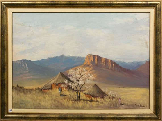 Don Benzien | Mountain Landscape with Huts & Figures | MutualArt