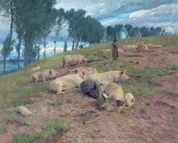 Franz Gustav Hochmann | Woman herding her pigs | MutualArt