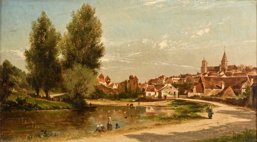 Auguste Allonge | Vue d’une ville au bord de l’eau (1879) | MutualArt