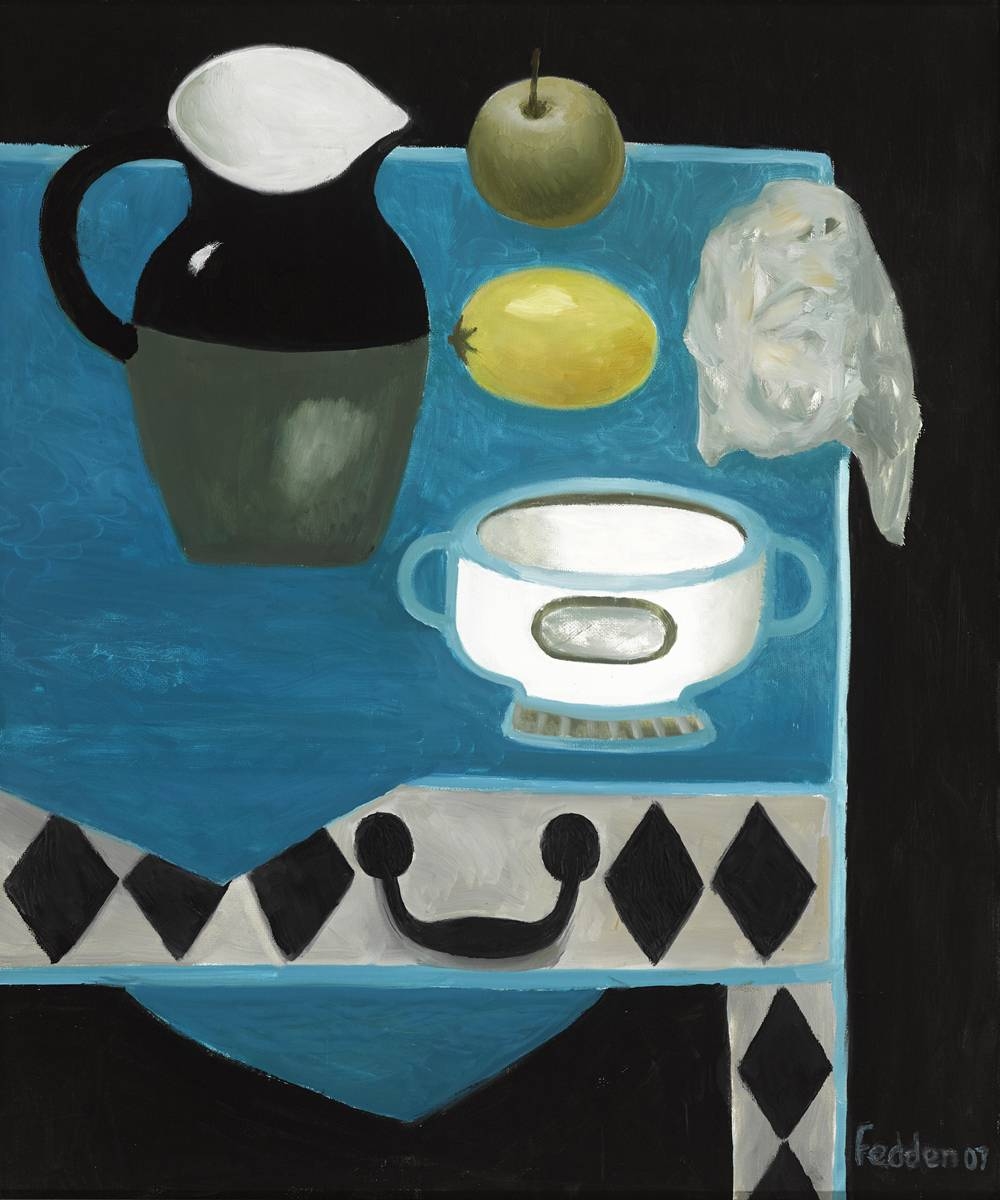 Mary Fedden | Still life of fruit on a blue plate (2009) | MutualArt