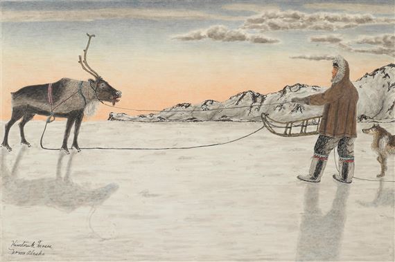 Kivetoruk Moses | Inupiat/Inupiak), untitled, depicting a man coaxing a ...