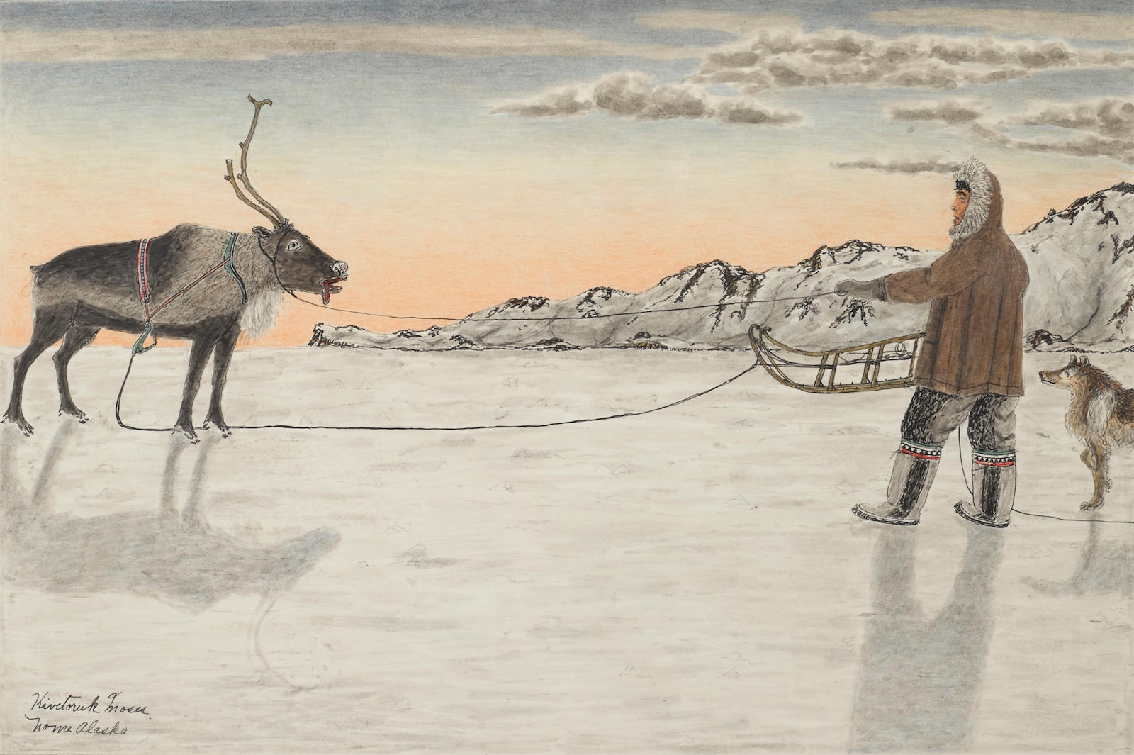 Kivetoruk Moses | Inupiat/Inupiak), untitled, depicting a man coaxing a ...