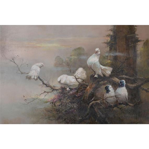 Choo Keng Kwang | Fantail Doves Roosting on a Bough (1987) | MutualArt