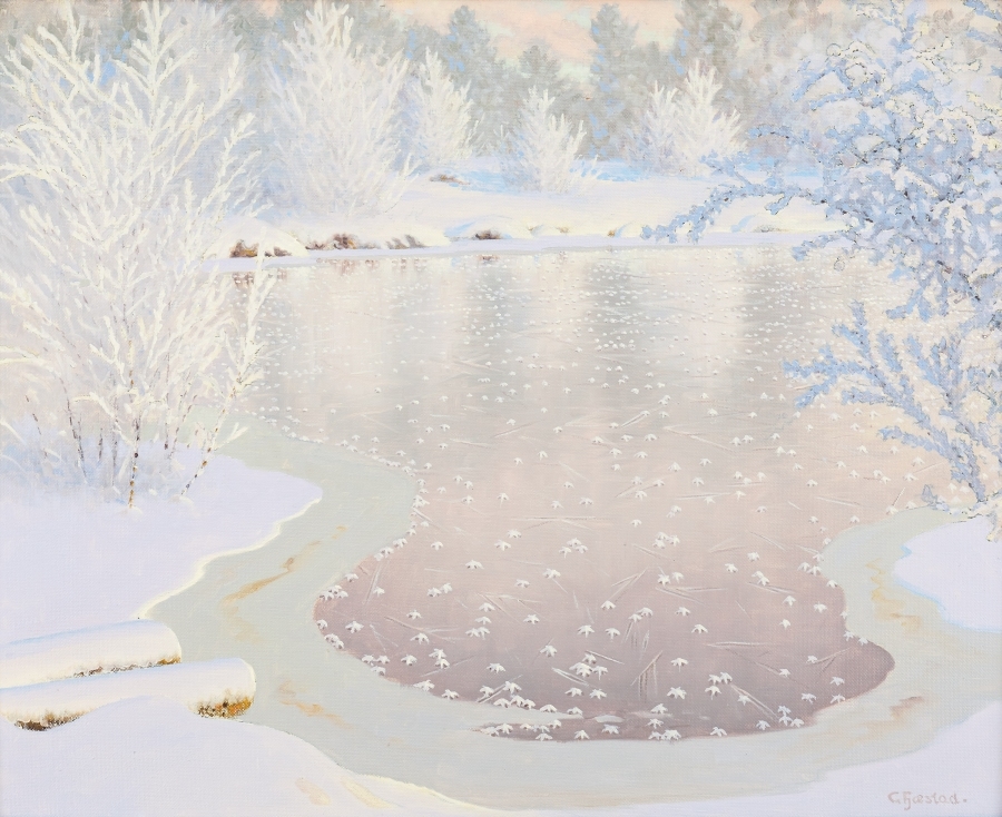 Gustaf Edolf Fjaestad | Sparkling winter landscape with frozen water ...