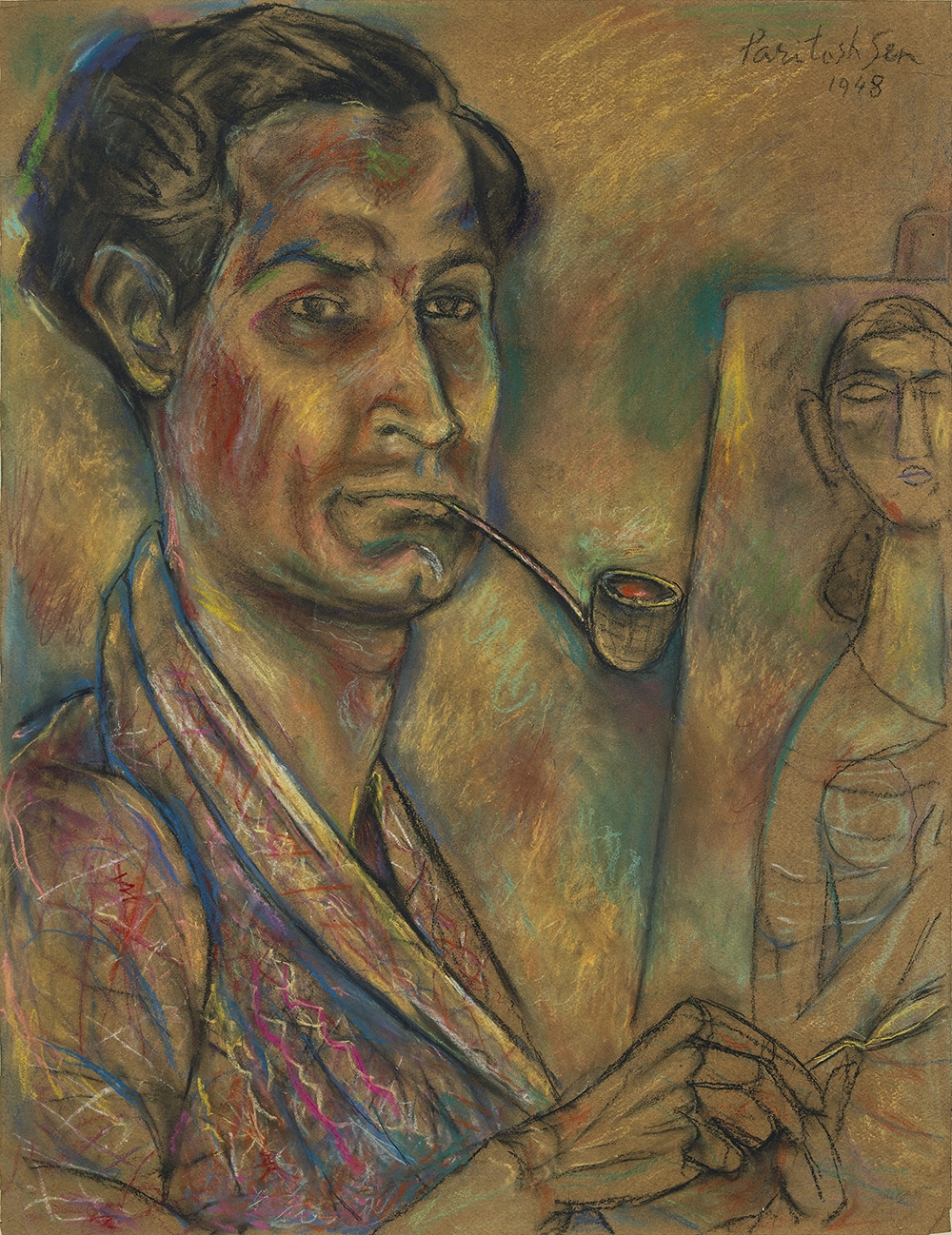 Paritosh Sen | Self Portrait With Pipe (1948) | MutualArt