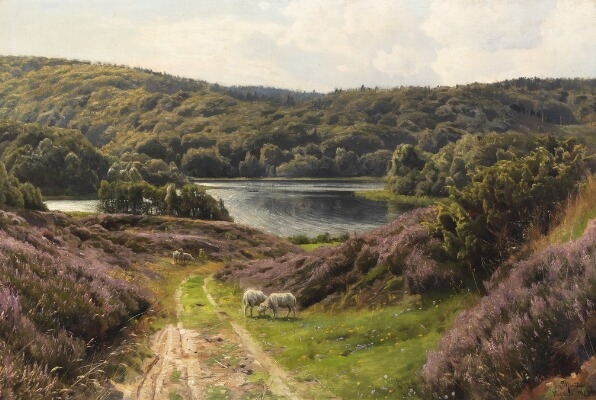 Peder Mork Monsted | Summer day with children playing behind a thatched farm (1924) | MutualArt