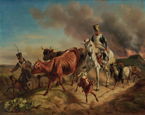 Benno Adam | Two Soldiers in Front of a Burning Village (1844) | MutualArt