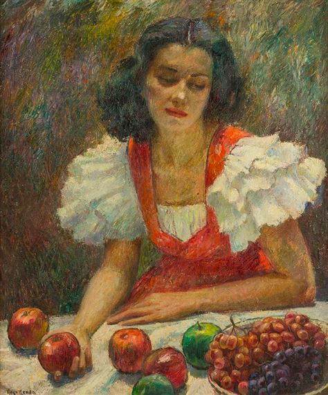 Geza Kende | Lady in red and white ruffled dress (1948) | MutualArt