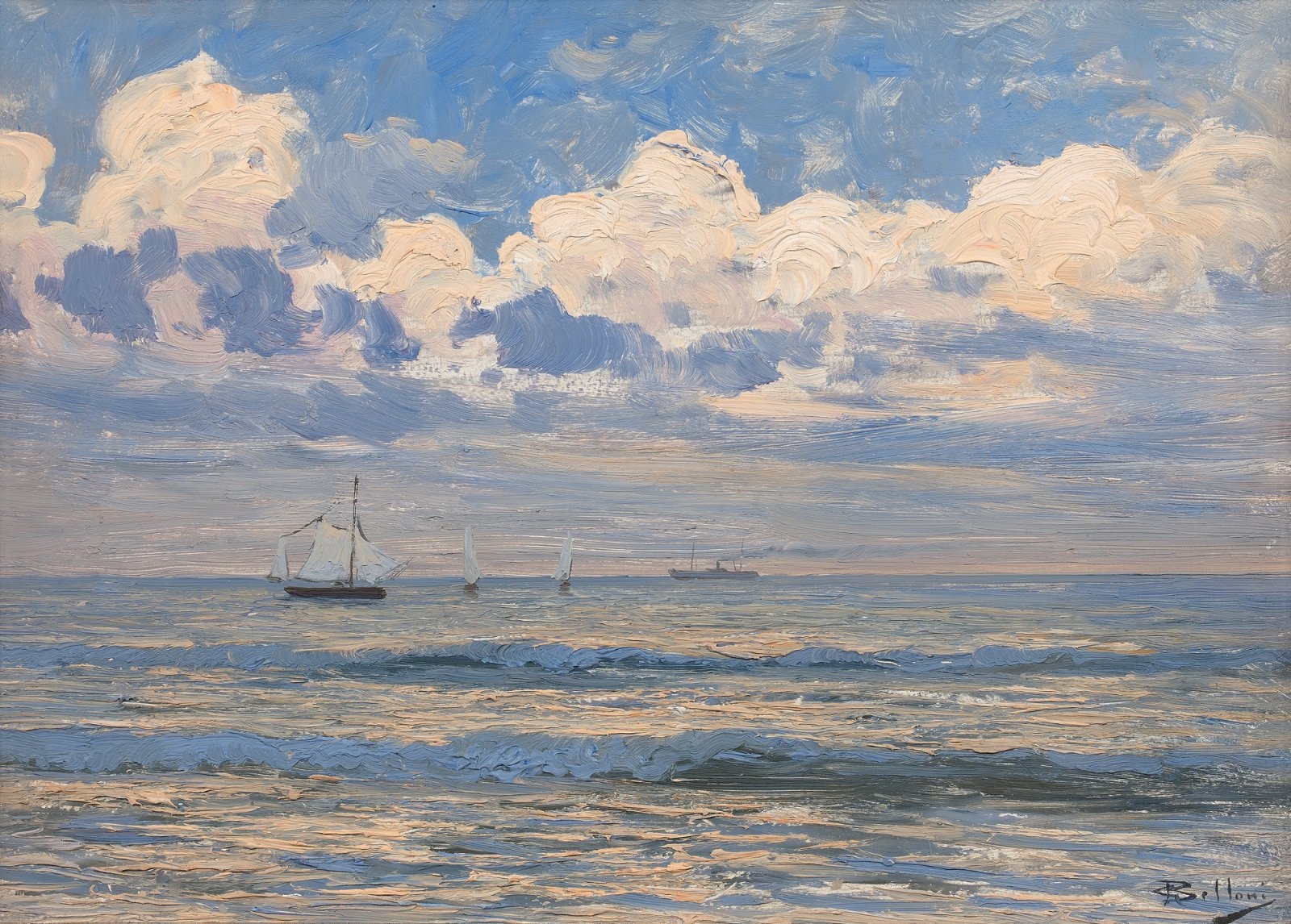 Giorgio Belloni | Trois voiliers et chalutier au large | MutualArt