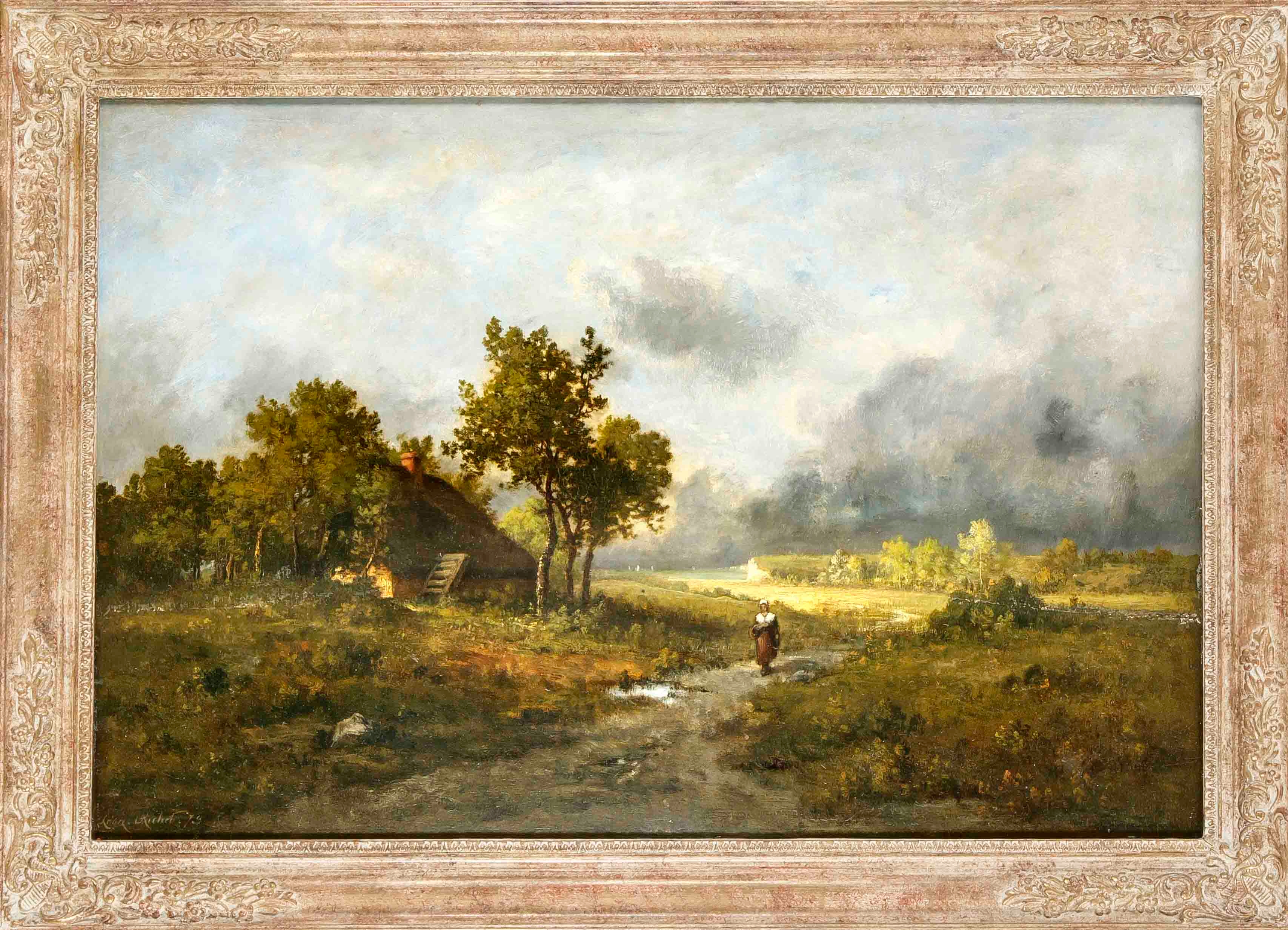 Léon Richet | Wide landscape with thunderstorm and staffage figure ...