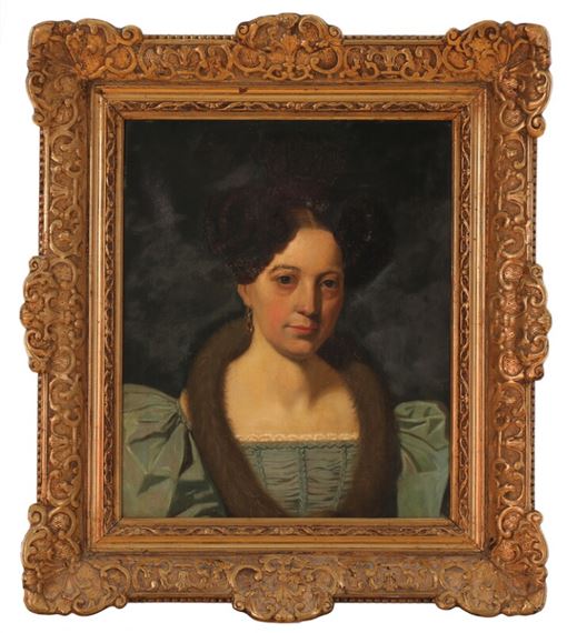 David Monies | Portrait of a woman in a green silk dress with a fur ...