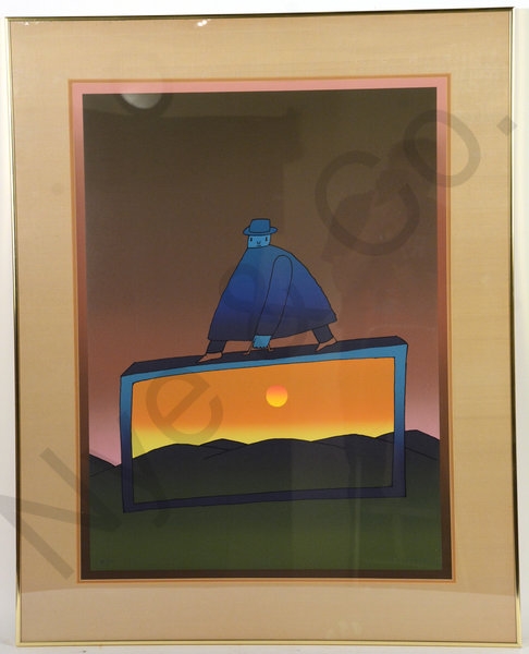 Jean-Michel Folon | Man with suitcase sunset | MutualArt