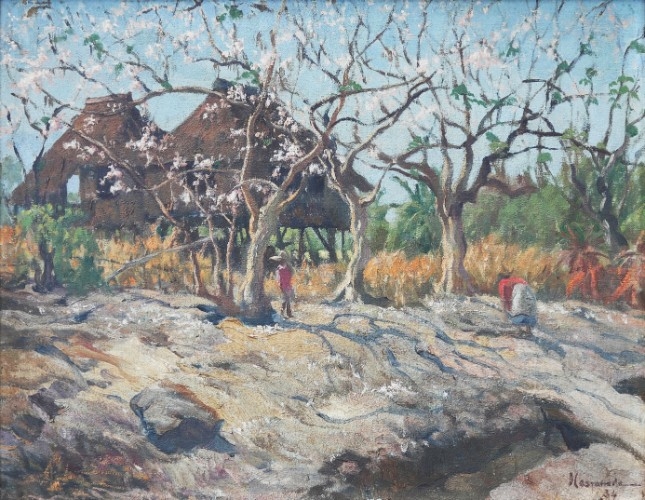 Dominador Castañeda | Bahay Kubo on the River Bank (1952) | MutualArt