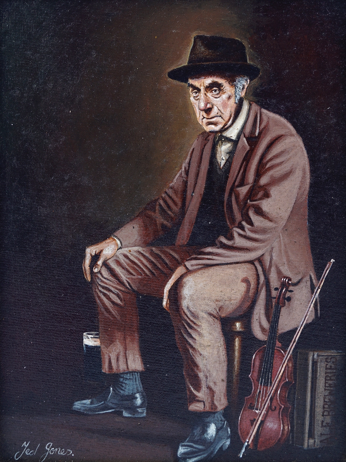 Ted Jones | Seated man with pint of Guinness to one side and violin to ...