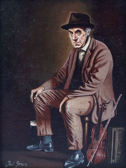 Ted Jones | Seated man with pint of Guinness to one side and violin to ...