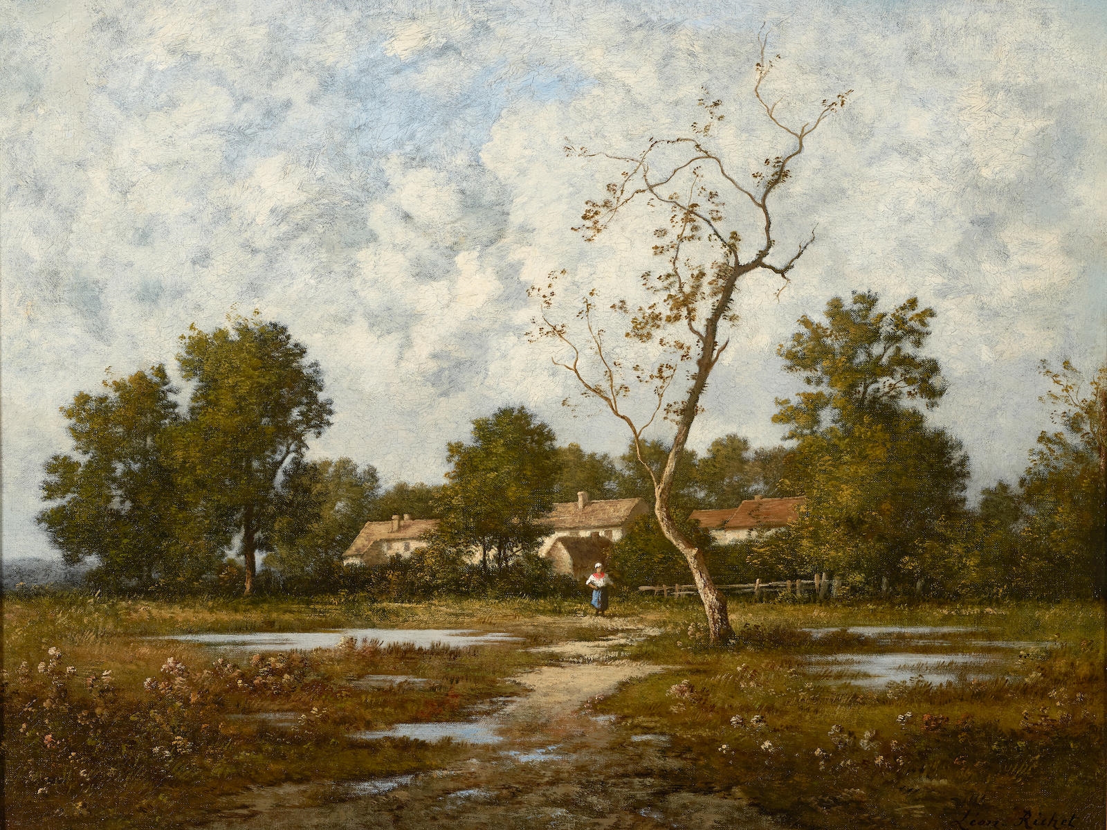 Léon Richet | A rural landscape with a woman outside a cottage | MutualArt