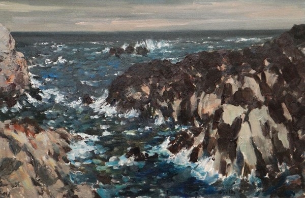 Gyrth Russell | Rocky coastal scene with breaking waves | MutualArt