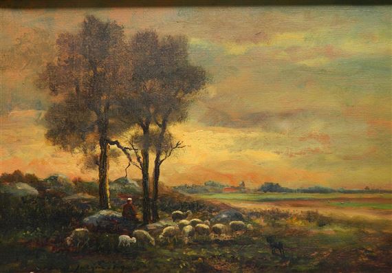 Maurice Jacque | Shepherd & Sheep in Landscape | MutualArt
