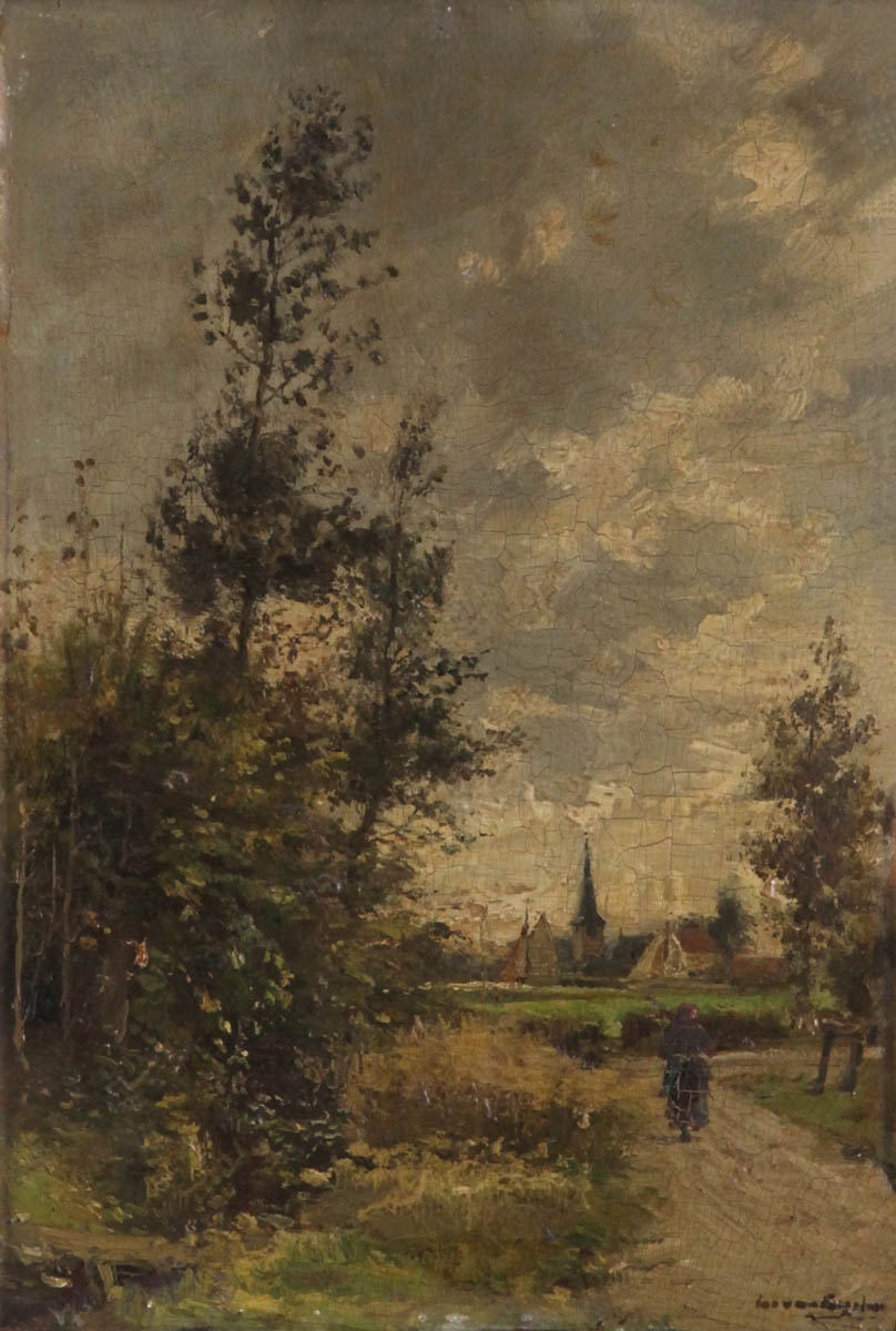 Louis Van Engelen | Village View with Woman on a Woodpath | MutualArt