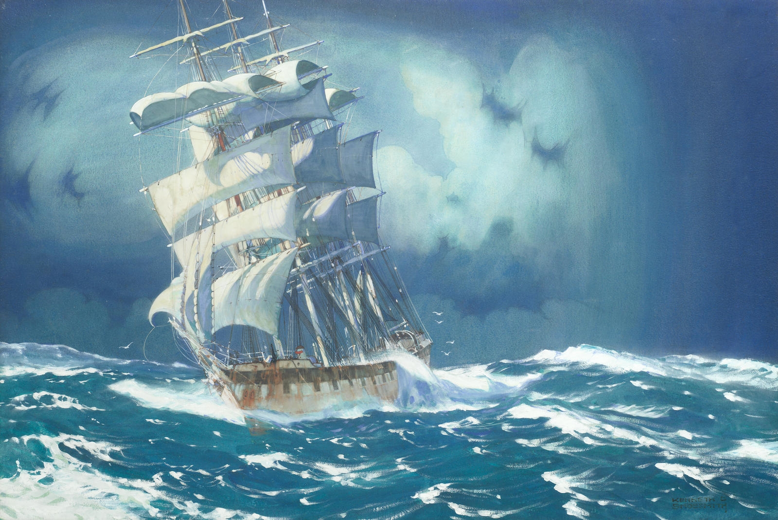 Kenneth D. Shoesmith | A four masted barque in choppy waters | MutualArt