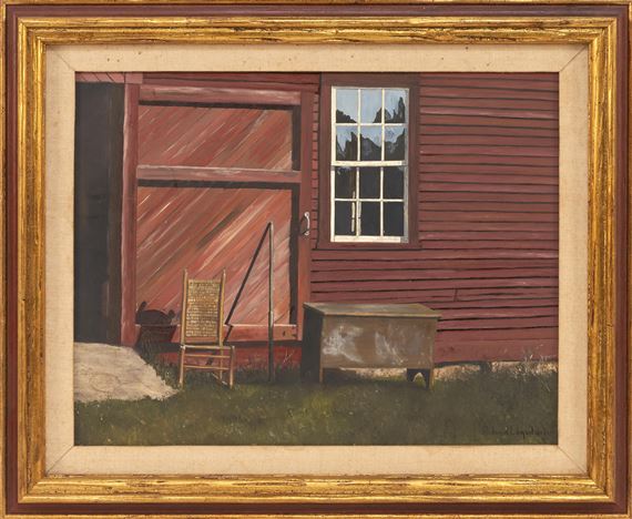 Richard Logsdon | A chair and a blanket chest by a barn door | MutualArt