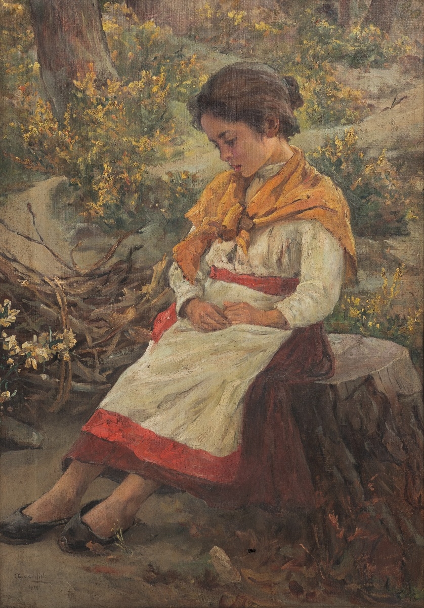 Lino Acácio de Magalhães | Paisagem com animais e figuras femininas a ...