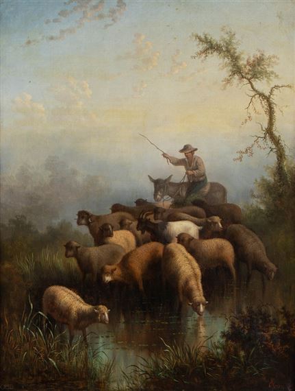 Prosper Ferey | Herder met kudde bij de drinkplaats (1863) | MutualArt