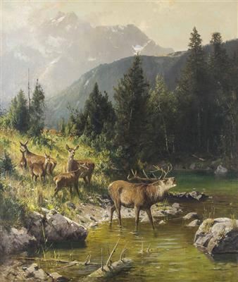 Julius Arthur Thiele | Rotwild an einem Hochgebirgssee | MutualArt