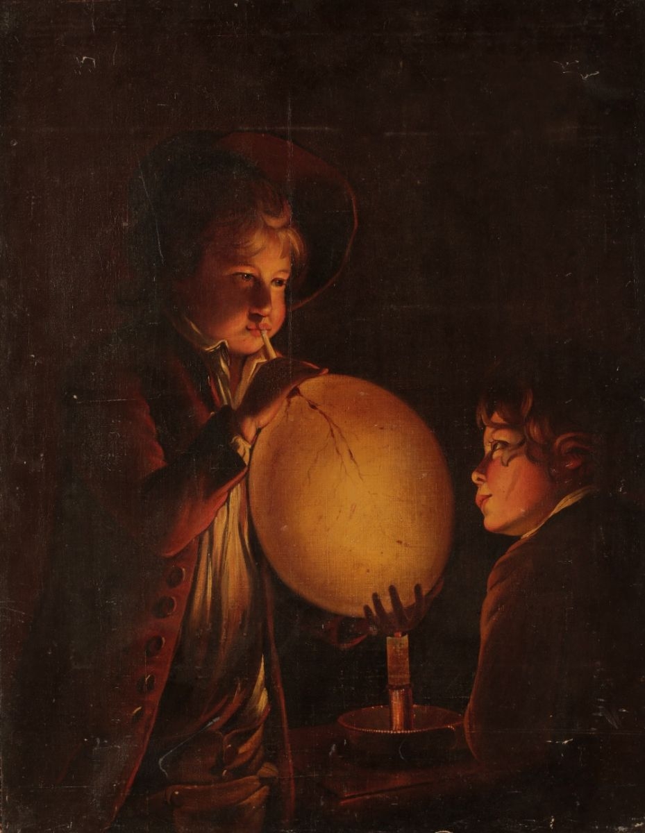 Joseph Wright of Derby | Two boys blowing up a pig bladder balloon ...