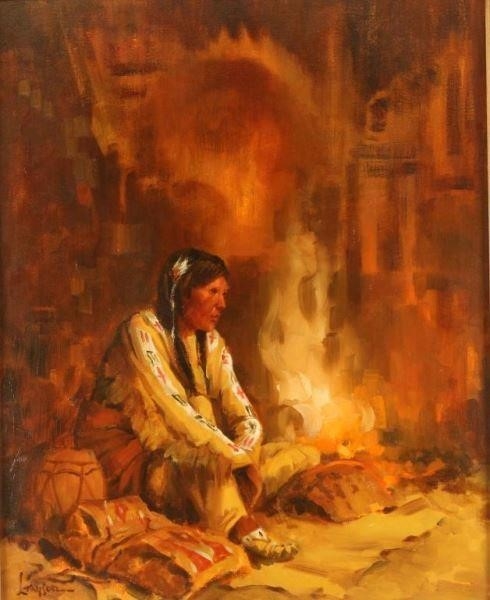 Lyle Tayson, Sr. | Untitled depicting an Indian woman by a fire | MutualArt
