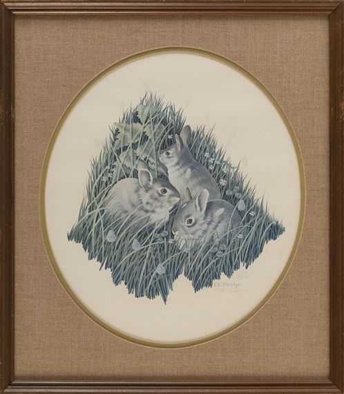 C.E. Phelps | Three bunnies in clover | MutualArt