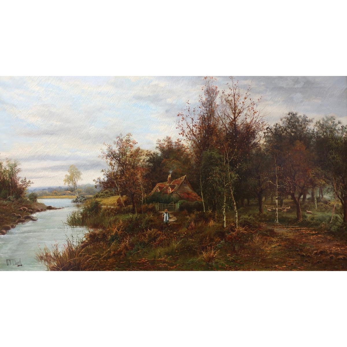 Octavius T. Clark | COTTAGE BY RIVER WITH YOUNG GIRL AND SHEEP | MutualArt