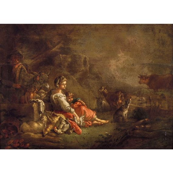 Jean-Baptiste Huet | Bergère et son troupeau au bord d'une rivière dans un paysage rocheux ...