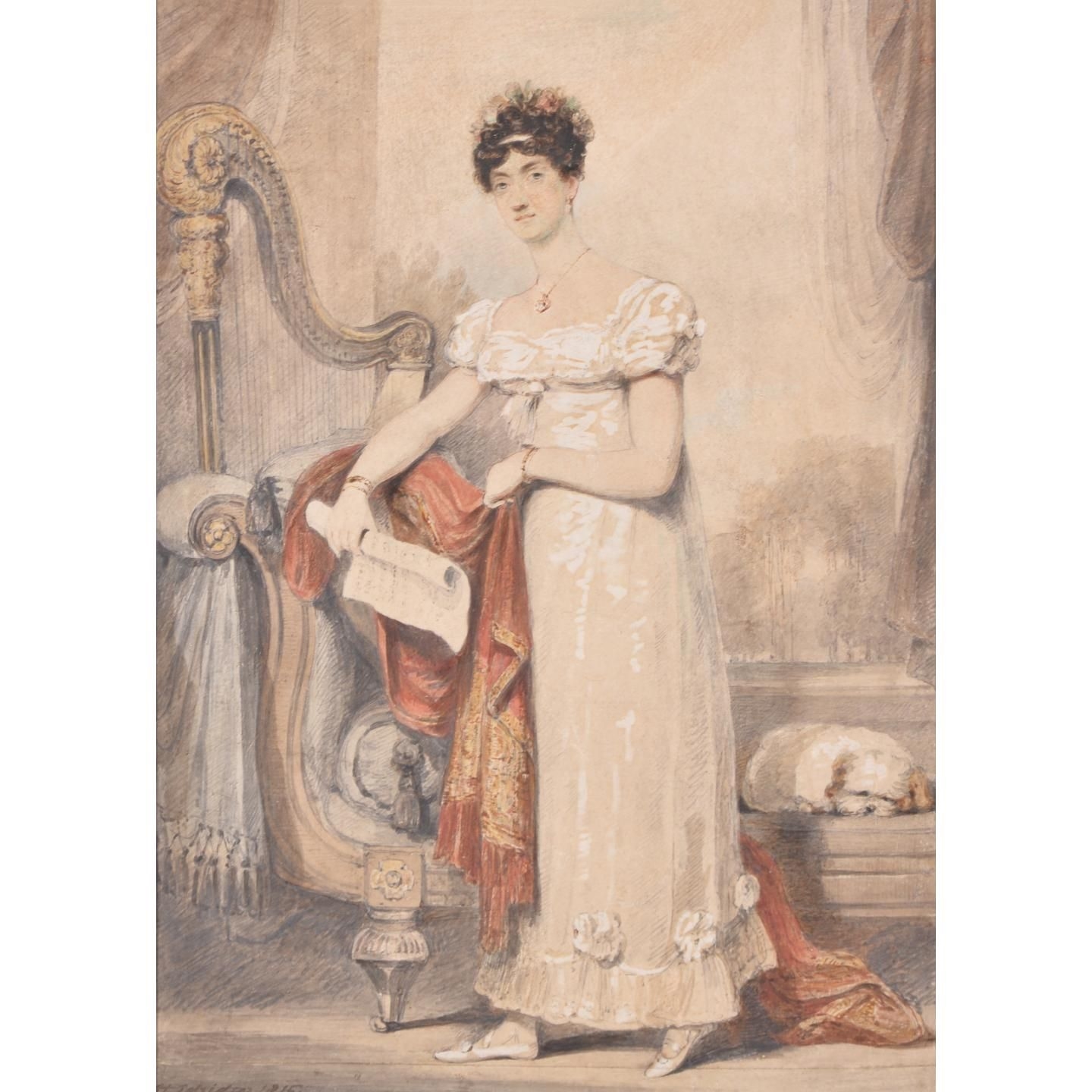Henry Edridge | Portrait of a Lady Standing at a Window with a Harp and ...