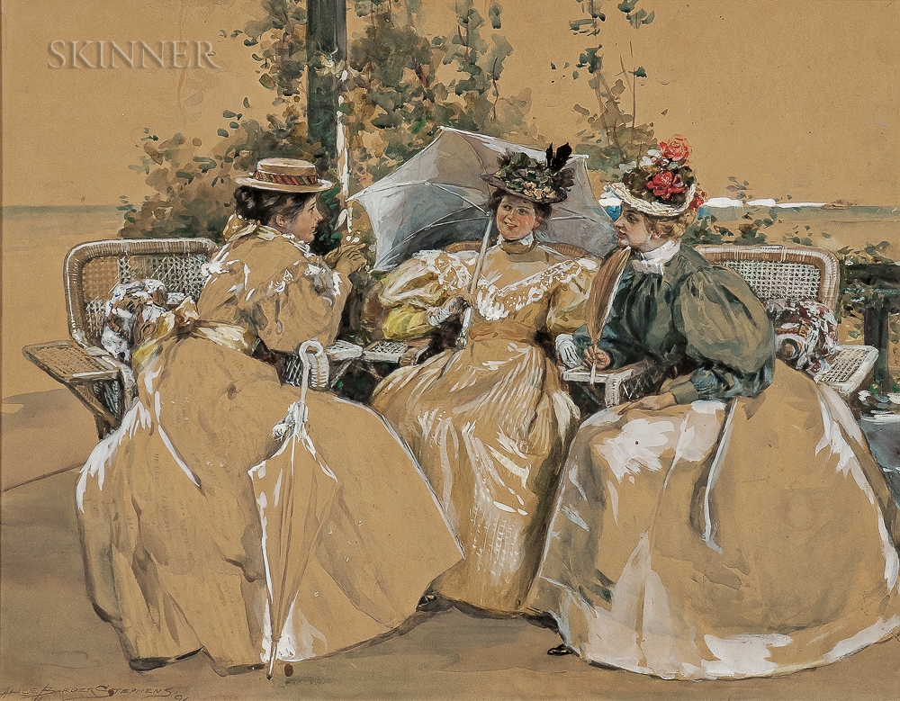 Alice Barber Stephens | Three Elegant Seated Ladies with Parasols ...