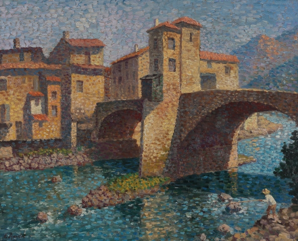 Émile Ancelet | Fisherman by the bridge of a French village | MutualArt
