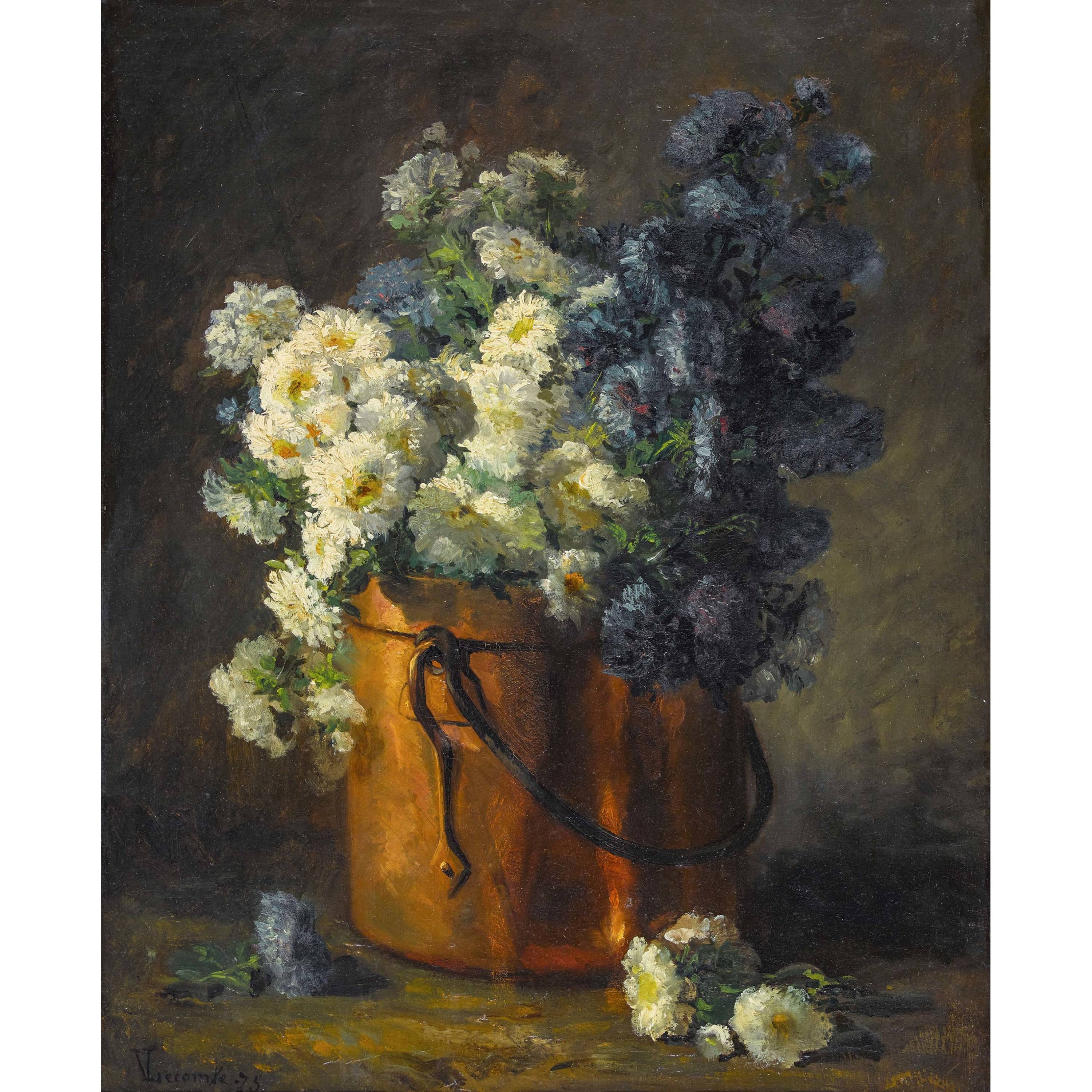 Victor Lecomte | Stillleben mit Astern im Kupferkessel (1875) | MutualArt