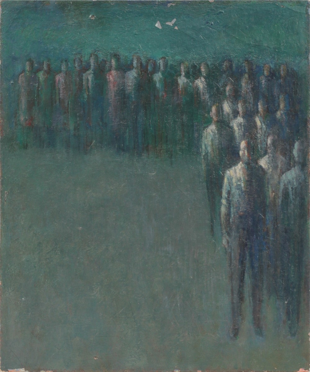 Robert Rukavina | Untitled line of standing men in blue | MutualArt