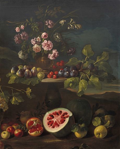 Giovanni Stanchi | Flowers in a Vase with Watermelon, Pomegranates and ...