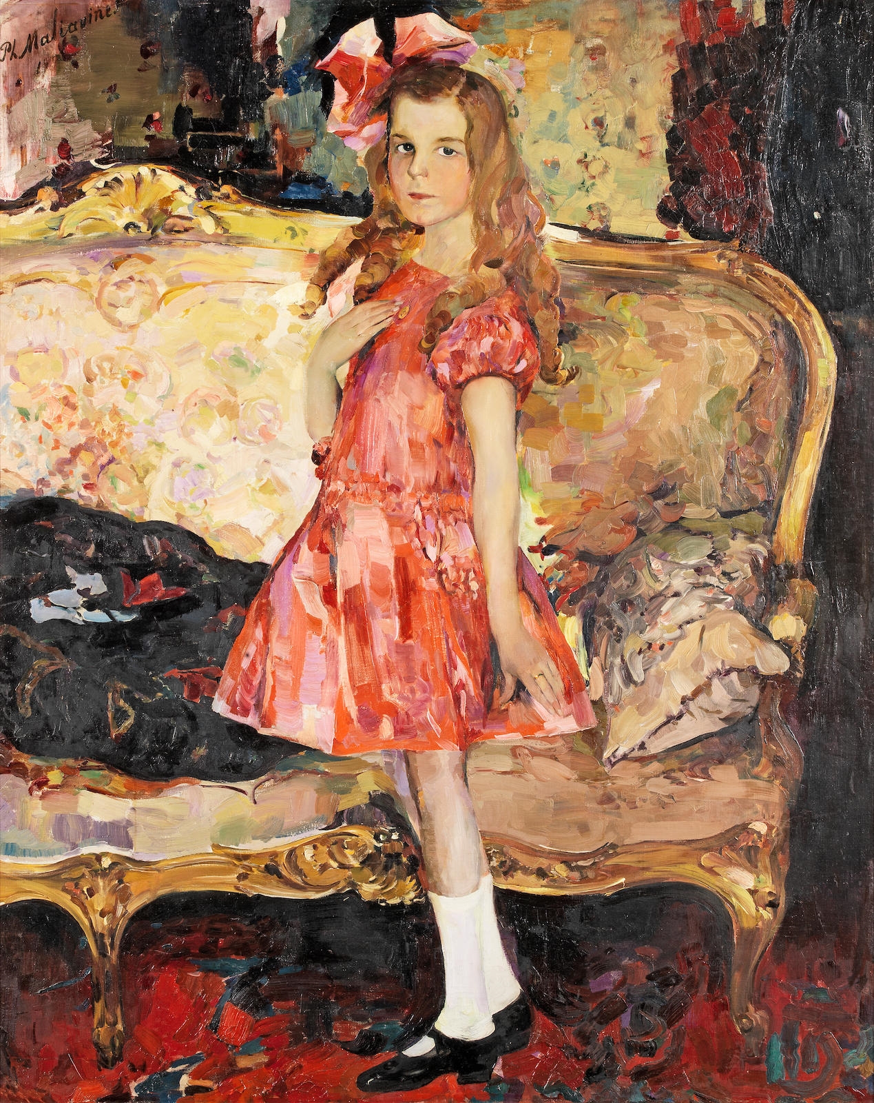Philip Malyavin | Portrait of a young girl in a pink dress | MutualArt