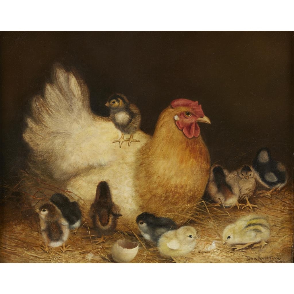 Ben Austrian | TAN MOTHER HEN WITH TEN CHICKS (1908) | MutualArt