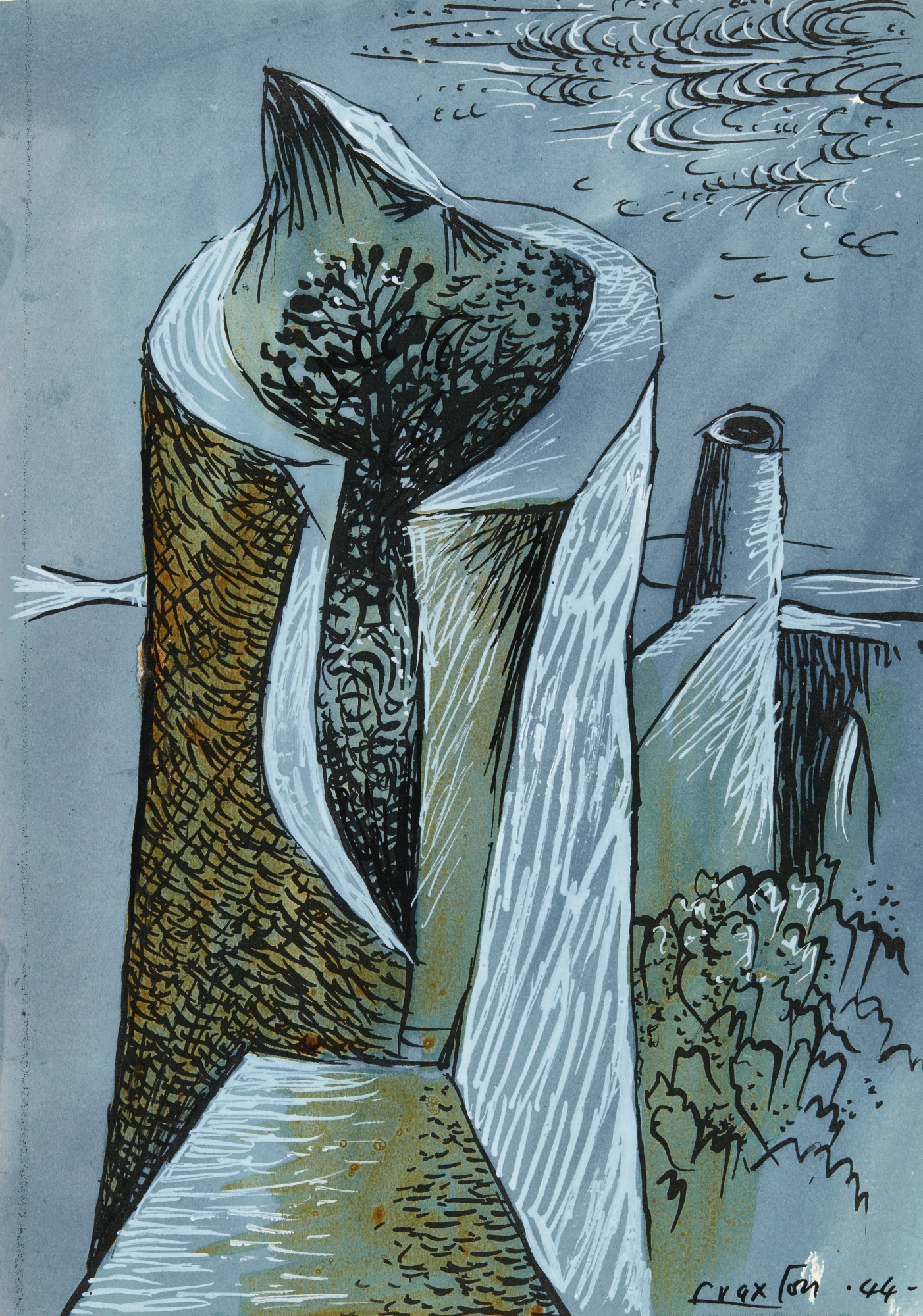 John Craxton | TREE TRUNK AND RUIN (1944) | MutualArt