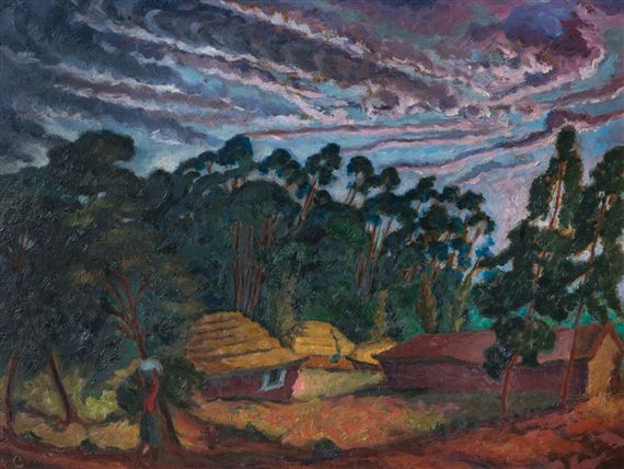 Jose Cuneo Perinetti | Atardecer con ranchos y campesina | MutualArt