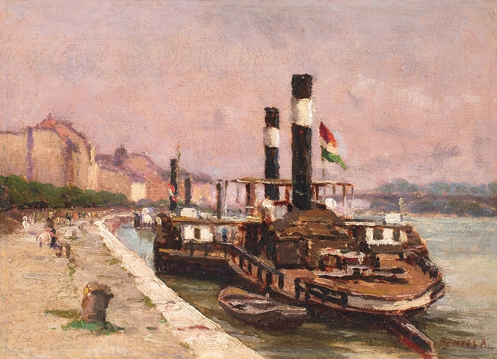 Adolf Fényes | Dockside with a Steamboat | MutualArt