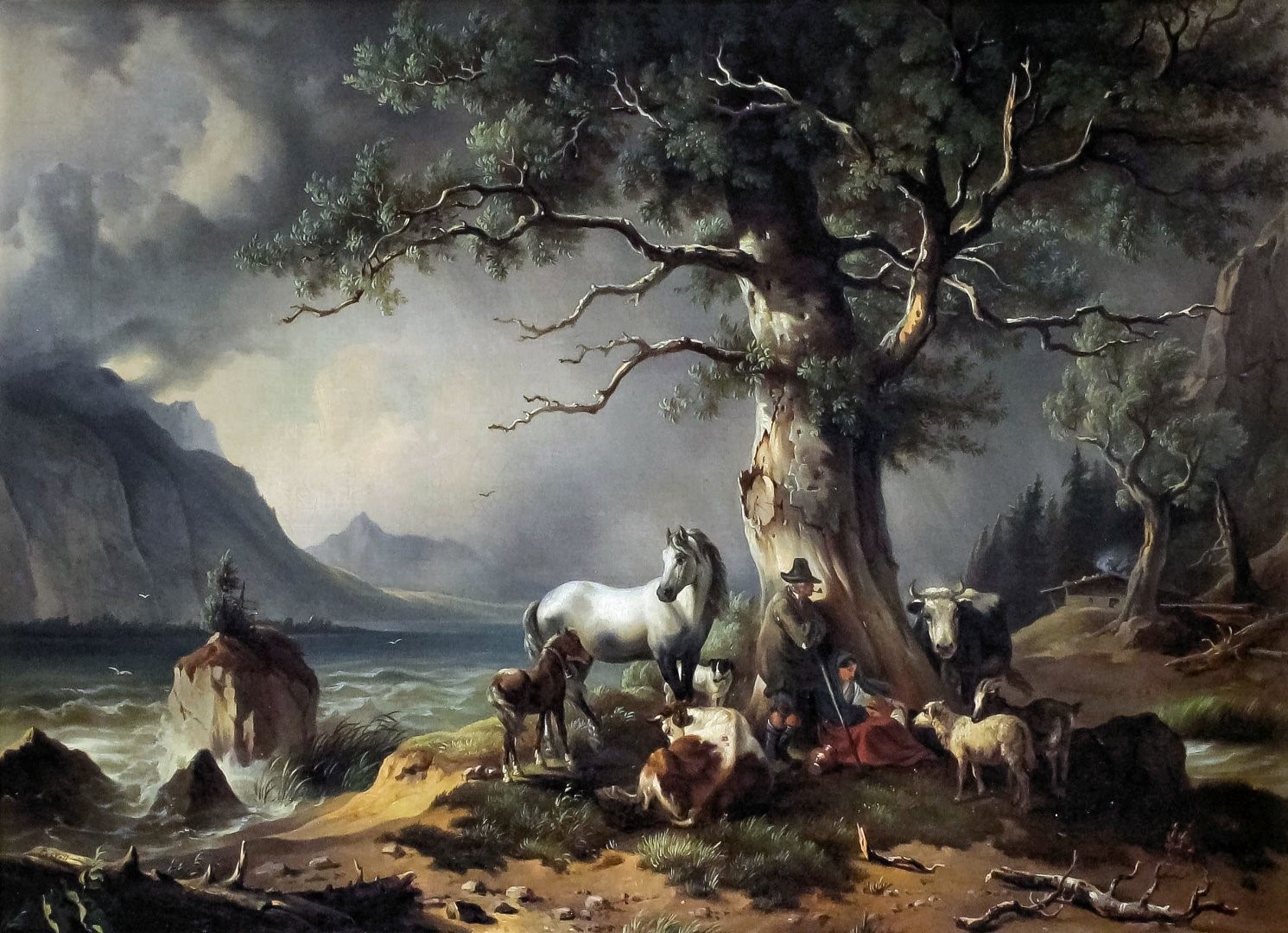 Johann Anton Castell | Rural landscape with a family sheltering under a ...