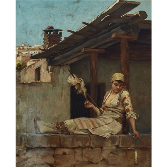 Theodoros Rallis | PRETTY WEAVER GIRL RESTING ON A STONE WALL | MutualArt