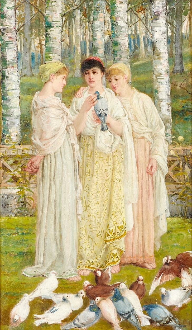 Thomas Ralph Spence | Three women with pigeons (1879) | MutualArt