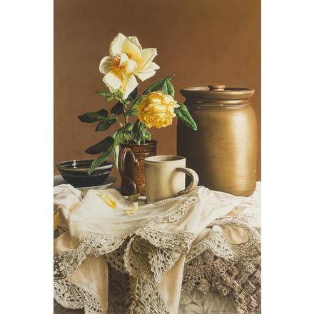 Robert C. DeVoe | Still life with yellow roses on table with objects ...