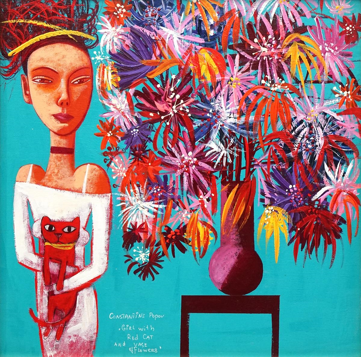 Constantine Popov | Girl with Red Cat and Vase of Flowers | MutualArt