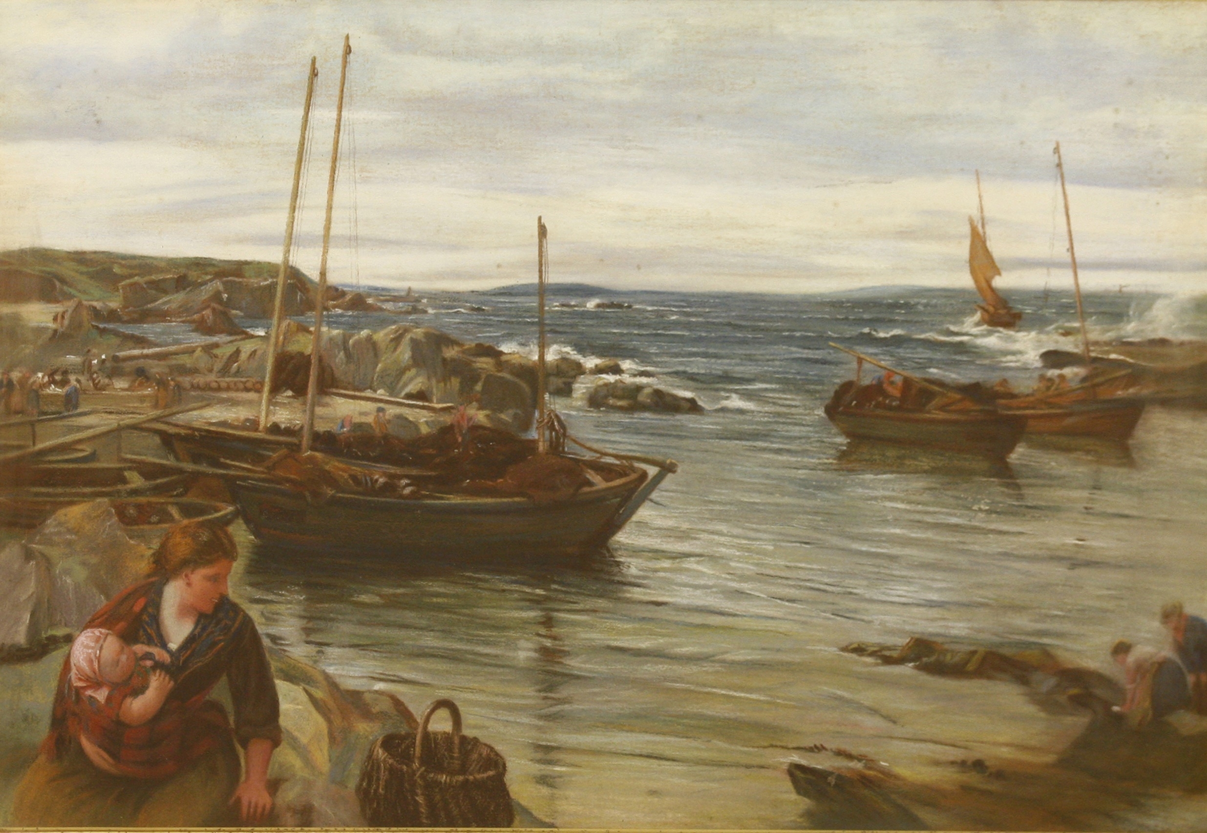 Edwin Ellis | FISHING BOATS IN A HARBOUR WITH A MOTHER AND CHILD IN THE ...
